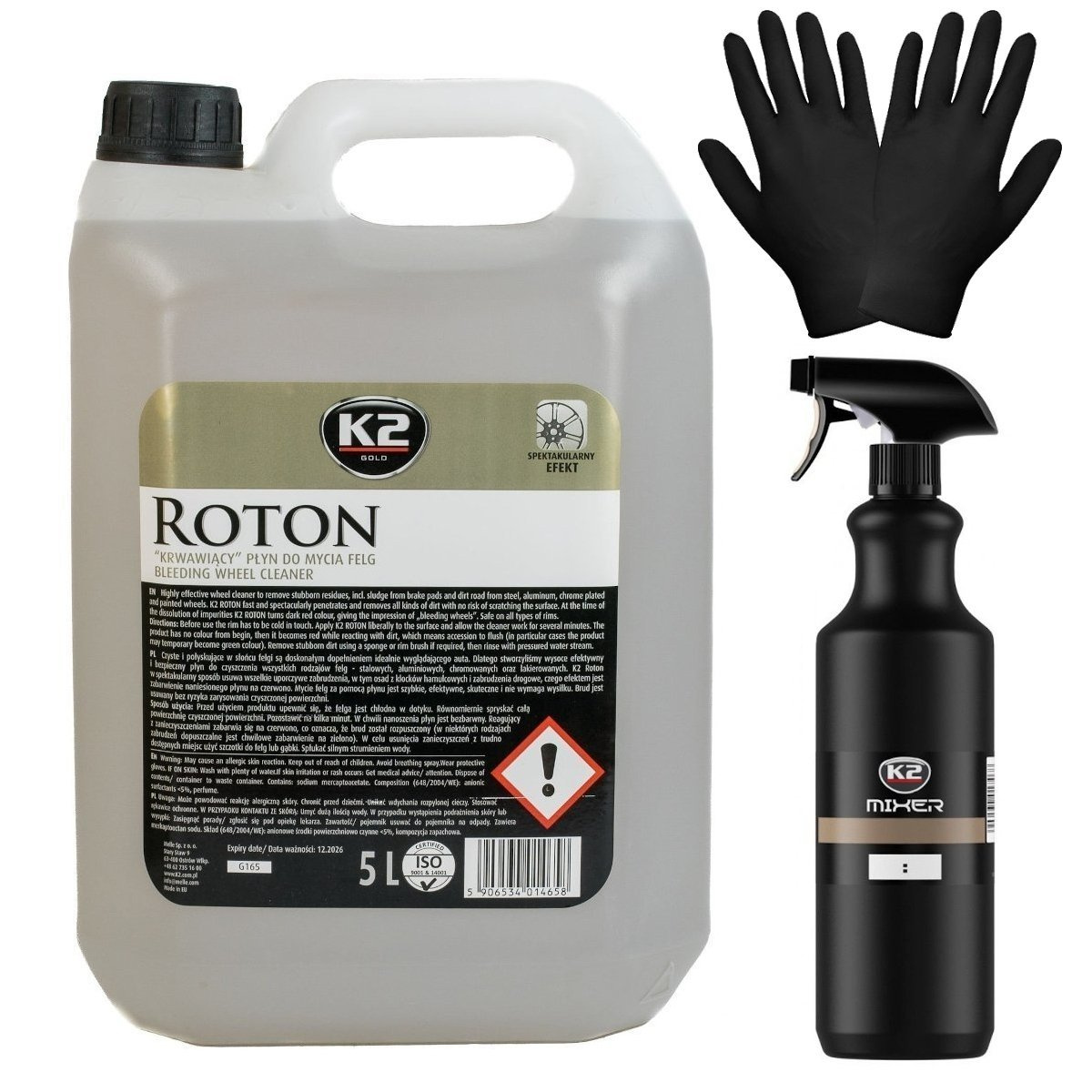 Zestaw: K2 Roton płyn do mycia felg 5L + butelka i rękawiczki • autokosmetyki • AutoChemia.pl